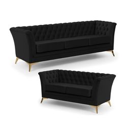 SITZGARNITUR 3+2 Chesterfield Whitby Schwarz Samt mit goldenen F&uuml;&szlig;en