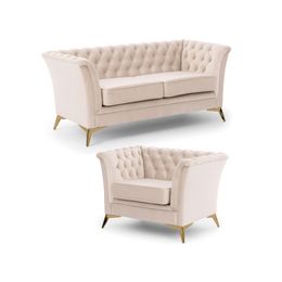 SITZGARNITUR 2+1 Chesterfield Whitby Beige Samt mit goldenen F&uuml;&szlig;en