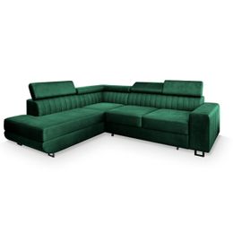 ECKSOFA NOLA L-S Gr&uuml;n Velours-Stoff mit Schlaffunktion