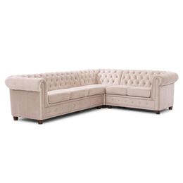 ECKSOFA Chesterfield Cleo Blink Beige Samt mit Kristallsteppung und braunen Massivholzf&uuml;&szlig;en - Ottomane Rechts
