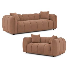 SITZGARNITUR 3+2 Nubira in tief gesteppter Bubble-Optik aus weichem Terrakotta Strukturstoff im modernen Design