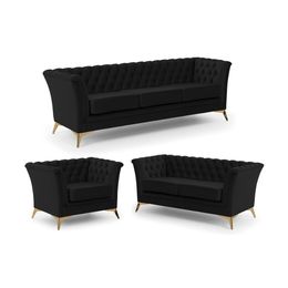 SITZGARNITUR 3+2+1 Chesterfield Whitby Schwarz Samt mit goldenen F&uuml;&szlig;en