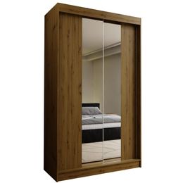 SCHWEBET&Uuml;RENSCHRANK LUCENZA 120/216/61 cm 2-t&uuml;rig mit Spiegel Eiche Artisan