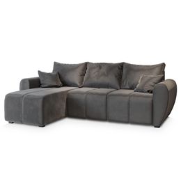 ECKSOFA MADISON Grau Pl&uuml;sch-Stoff mit Schlaffunktion