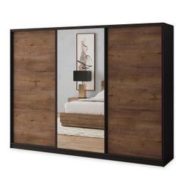 SCHWEBET&Uuml;RENSCHRANK SORE 235/205/58 cm 3-t&uuml;rig mit Spiegel und Schubladen Schwarz / Eiche Lefkas