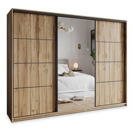SCHWEBET&Uuml;RENSCHRANK VARO 250/205/60 cm 3-t&uuml;rig mit Spiegel und Schubladen Eiche Wotan