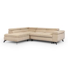 ECKSOFA mit Schlaffunktion und Bettkasten Bonnie aus Taupe Chenille-Stoff mit verstellbaren Kopfst&uuml;tzen und Armlehne - Ottomane links
