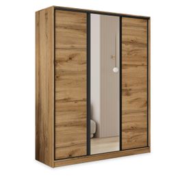 SCHWEBET&Uuml;RENSCHRANK TARI 160/205/58 cm 3-t&uuml;rig mit Spiegel und 4 Schubladen Eiche Wotan