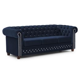 CHESTERFIELD-SOFA 3-sitzer Cleo Blink Marineblau Samt mit Kristallsteppung und braunen Massivholzf&uuml;&szlig;en
