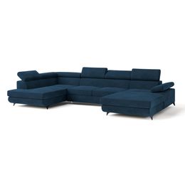 WOHNLANDSCHAFT RUBANO L-S Blau Velours-Stoff mit Schlaffunktion