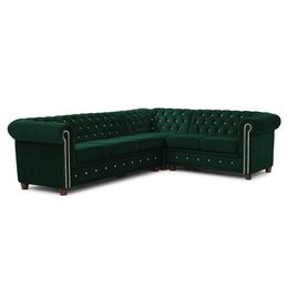 ECKSOFA Chesterfield Cleo Blink Flasche Gr&uuml;n Samt mit Kristallsteppung und braunen Massivholzf&uuml;&szlig;en - Ottomane Rechts