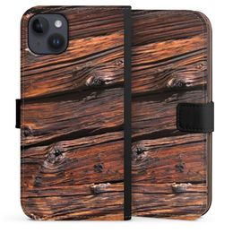 DeinDesign iPhone 14 Plus Handy Klapph&uuml;lle Handyh&uuml;lle aus Kunst Leder schwarz Flip Case Beams Wood Wooden Look Sideflip mit langer Lasche