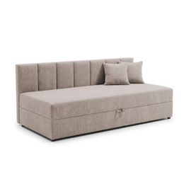 TAGESBETT Lenny mit R&uuml;ckenlehne und gro&szlig;em Bettkasten aus Taupe Chenille-Stoff