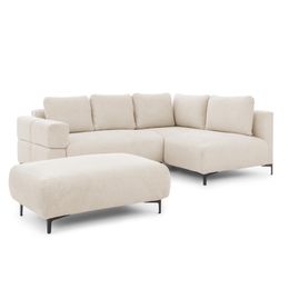 ECKSOFA inkl. Hocker Cardea mit Schlaffunktion in Bubble-Optik aus weichem Hellbeige Strukturstoff und hohem Sitzkomfort - Ottomane rechts