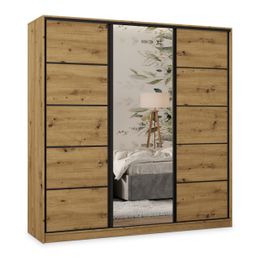 SCHWEBET&Uuml;RENSCHRANK PINA 180/205/58 cm 3-t&uuml;rig mit Spiegel und Schubladen Eiche Artisan
