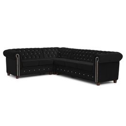ECKSOFA Chesterfield Cleo Blink Schwarz Samt mit Kristallsteppung und braunen Massivholzf&uuml;&szlig;en - Ottomane Links