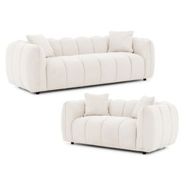 SITZGARNITUR 3+2 Nubira in tief gesteppter Bubble-Optik aus weichem Creme Strukturstoff im modernen Design