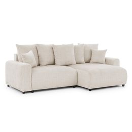 ECKSOFA Calma mit Schlaffunktion und Bettkasten im Bumpy-Design aus weichem Beige Chenille-Stoff - Ottomane rechts