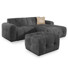 ECKSOFA inkl. Hocker Kozy im Bumpy-Design mit Schlaffunktion und fester R&uuml;ckenlehne aus weichem Grau Chenille-Stoff - Ottomane rechts