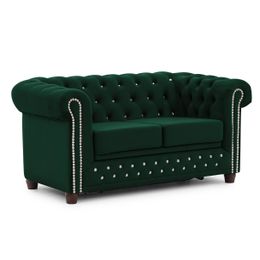 CHESTERFIELD-SOFA 2-Sitzer mit Schlaffunktion Cleo Blink Flasche Gr&uuml;n Samt mit Kristallsteppung und braunen Massivholzf&uuml;&szlig;en