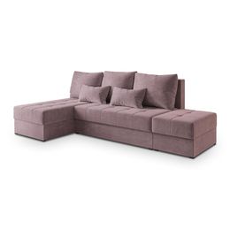 ECKSOFA NORVI Rosa Pl&uuml;sch-Stoff mit Schlaffunktion