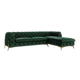 ECKSOFA Chesterfield Lexi Flasche Gr&uuml;n Samt, Ottomane rechts