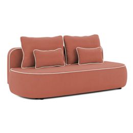 KINDERSOFA Vero im modernen und abgerundeten Design mit Schlaffunktion und Bettkasten aus Rosa Pl&uuml;schstoff mit hellgrauer Paspel