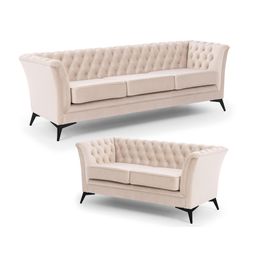 SITZGARNITUR 3+2 Chesterfield Whitby Beige Samt mit schwarzen F&uuml;&szlig;en