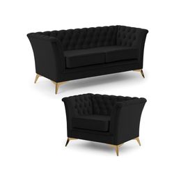 SITZGARNITUR 2+1 Chesterfield Whitby Schwarz Samt mit goldenen F&uuml;&szlig;en