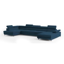 WOHNLANDSCHAFT MONTIVA Blau Velours-Stoff mit Schlaffunktion