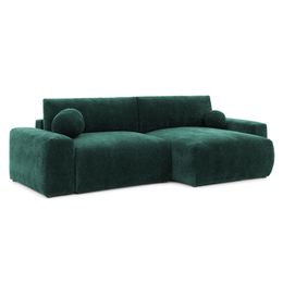 ECKSOFA Puffy mit Schlaffunktion und Bettkasten - besonders weich und puffig aus Gr&uuml;n Stoff mit Chenillestruktur - Ottomane rechts