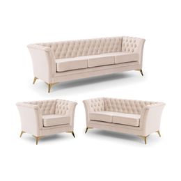 SITZGARNITUR 3+2+1 Chesterfield Whitby Beige Samt mit goldenen F&uuml;&szlig;en