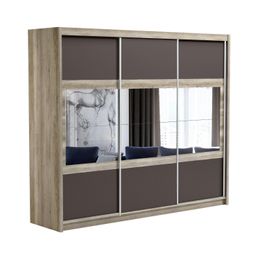 SCHWEBET&Uuml;RENSCHRANK POPPY 250/215/61 cm 3-t&uuml;rig mit Spiegel Eichefarben