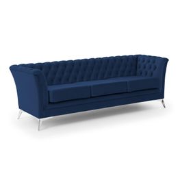 CHESTERFIELD-SOFA 3-sitzer Whitby Marineblau Samt mit silbernen F&uuml;&szlig;en