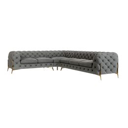 ECKSOFA Chesterfield Lexi Grau Samt, langer Schenkel rechts
