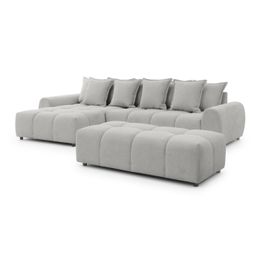 ECKSOFA inkl. Hocker Bubble mit Schlaffunktion und losen R&uuml;ckenkissen, Sitzfl&auml;che in Bubble-Optik aus weichem Hellgrau Strukturstoff - Ottomane Links