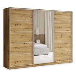 SCHWEBET&Uuml;RENSCHRANK PINA 235/205/58 cm 3-t&uuml;rig mit Spiegel und Schubladen Eiche Artisan