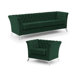 SITZGARNITUR 3+1 Chesterfield Whitby Flasche Gr&uuml;n Samt mit silbernen F&uuml;&szlig;en