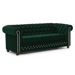 CHESTERFIELD-SOFA 3-sitzer Cleo Blink Flasche Gr&uuml;n Samt mit Kristallsteppung und braunen Massivholzf&uuml;&szlig;en