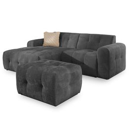 ECKSOFA inkl. Hocker Kozy im Bumpy-Design mit Schlaffunktion und fester R&uuml;ckenlehne aus weichem Grau Chenille-Stoff - Ottomane links