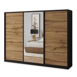 SCHWEBET&Uuml;RENSCHRANK SORE 235/205/58 cm 3-t&uuml;rig mit Spiegel und Schubladen Schwarz / Eiche Wotan