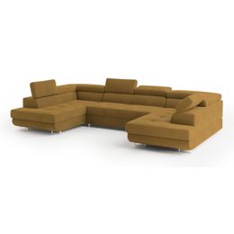 WOHNLANDSCHAFT RAGGIO Gelb Velours-Stoff mit Schlaffunktion