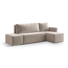ECKSOFA VELOTTI R-S Beige Pl&uuml;sch-Stoff mit Schlaffunktion