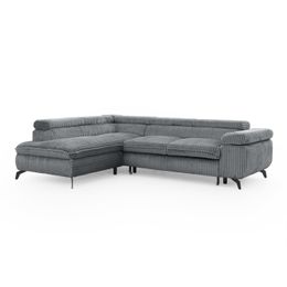 ECKSOFA mit Schlaffunktion und Bettkasten Bonnie aus Grau Cord-Stoff mit verstellbaren Kopfst&uuml;tzen und Armlehne - Ottomane links