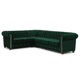 ECKSOFA mit Schlaffunktion Chesterfield Flasche Gr&uuml;n Samt mit Kristallsteppung und braunen Massivholzf&uuml;&szlig;en - Ottomane Links