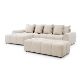 ECKSOFA inkl. Hocker Bubble mit Schlaffunktion und losen R&uuml;ckenkissen, Sitzfl&auml;che in Bubble-Optik aus weichem Hellbeige Strukturstoff - Ottomane Links