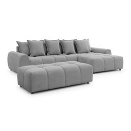 ECKSOFA inkl. Hocker Bubble mit Schlaffunktion und losen R&uuml;ckenkissen, Sitzfl&auml;che Bubble-Optik aus weichem Grau Strukturstoff - Ottomane Rechts