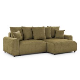 ECKSOFA Calma mit Schlaffunktion und Bettkasten im Bumpy-Design aus weichem Gr&uuml;n Chenille-Stoff - Ottomane rechts