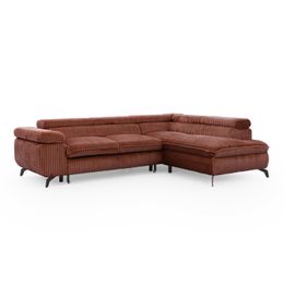 ECKSOFA mit Schlaffunktion und Bettkasten Bonnie aus Terrakotta Cord-Stoff mit verstellbaren Kopfst&uuml;tzen und Armlehne - Ottomane rechts