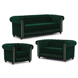 SITZGARNITUR 3+2+1 Chesterfield Cleo Blink Flasche Gr&uuml;n Samt mit Kristallsteppung und braunen Massivholzf&uuml;&szlig;en